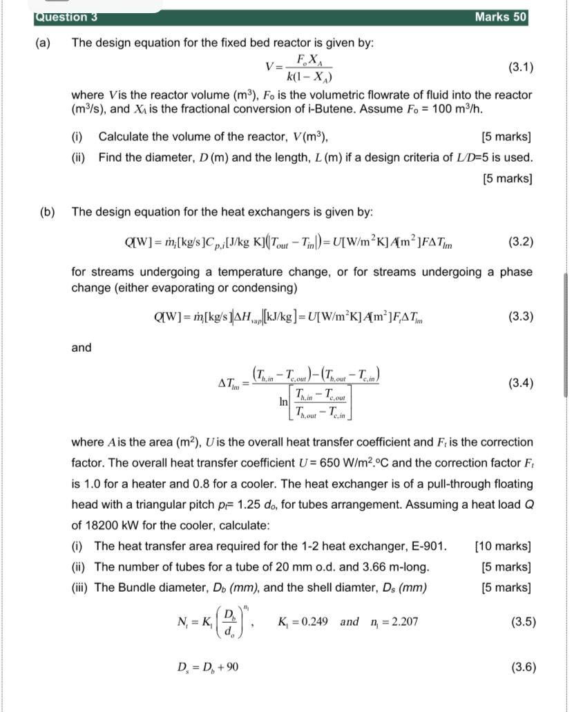 Solved a) The design equation for the fixed bed reactor is | Chegg.com