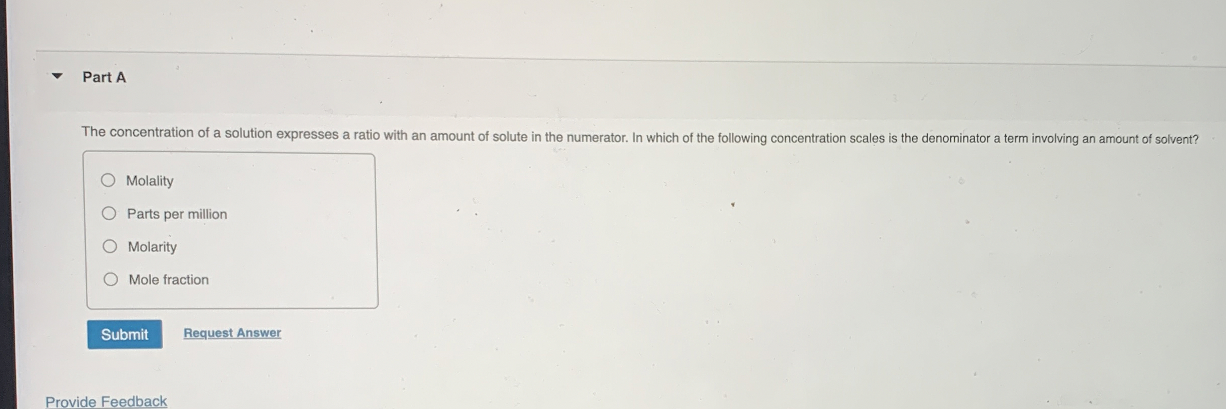 Solved Part AThe concentration of a solution expresses a | Chegg.com
