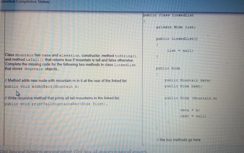 Solved uestion completion Status: public class linkedList 1 | Chegg.com