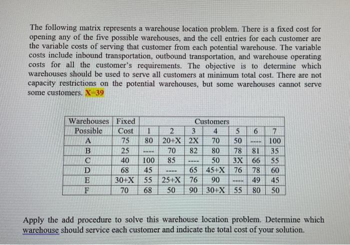 Solved The following matrix represents a warehouse location | Chegg.com