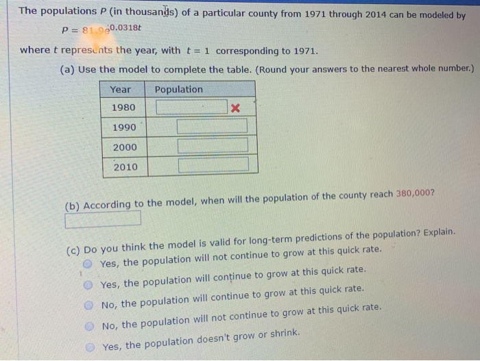 Solved The populations P (in thousands) of a particular | Chegg.com