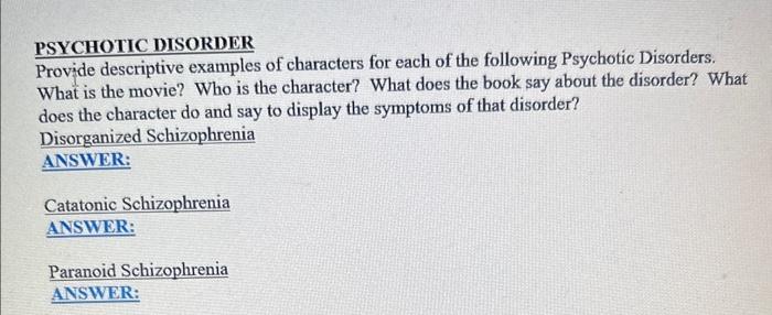 Solved PSYCHOTIC DISORDER Provide descriptive examples of | Chegg.com