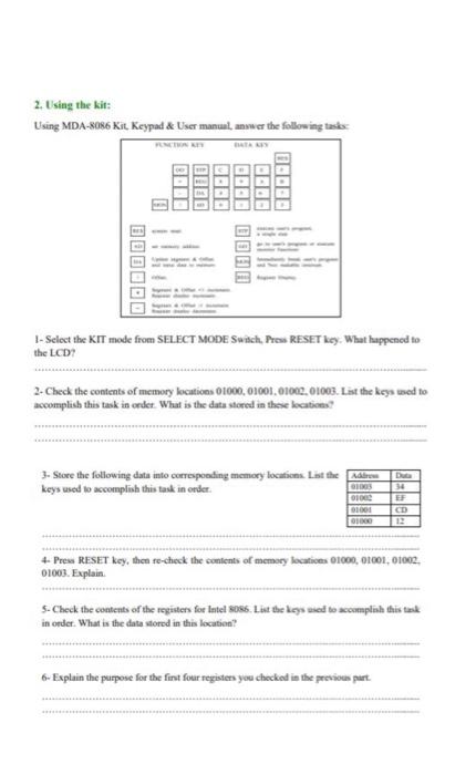 Solved 2. Using the kir: Using MDA-8086 Kit Keypad \& User | Chegg.com
