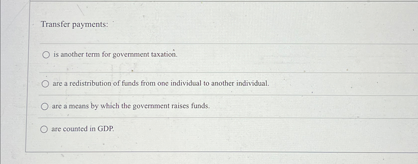 Solved Transfer payments:is another term for government | Chegg.com