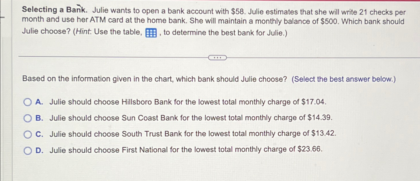 Solved Selecting a Bank. Julie wants to open a bank account | Chegg.com