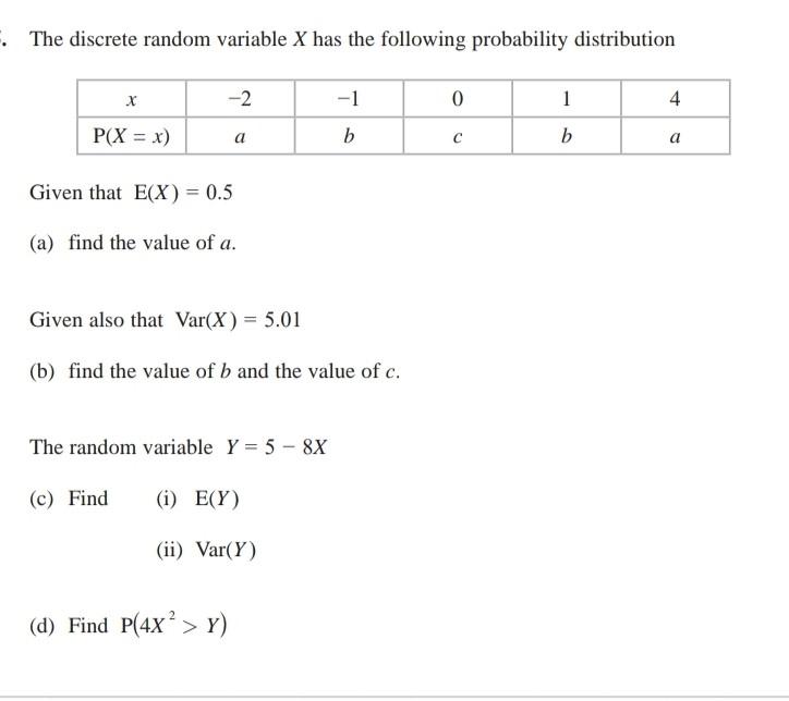 Solved The discrete random variable X has the following | Chegg.com