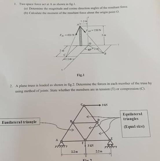 Solved 1. Two space force act at A as shown in fige 1 . (a) | Chegg.com