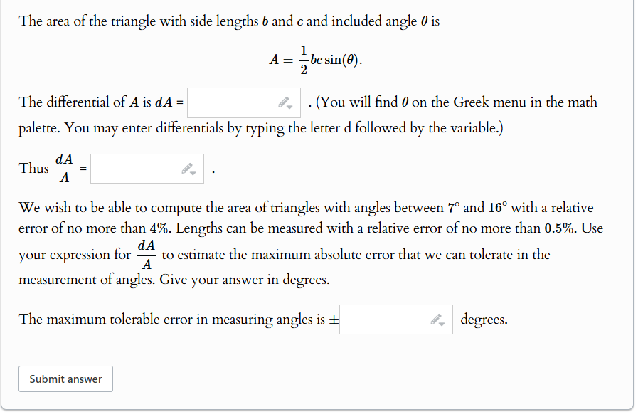 Solved The area of ﻿the triangle with side lengths b ﻿and c | Chegg.com
