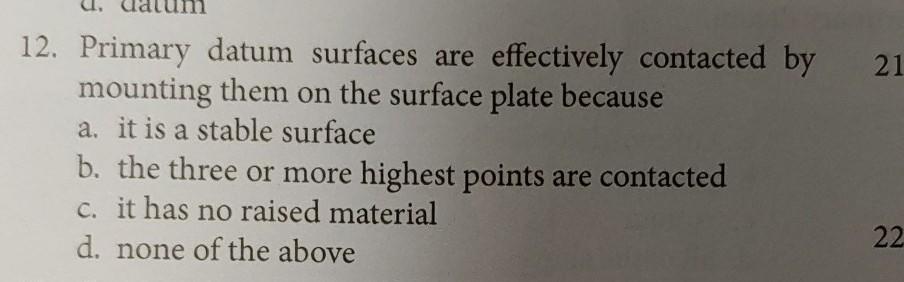 Solved 21 12. Primary datum surfaces are effectively | Chegg.com