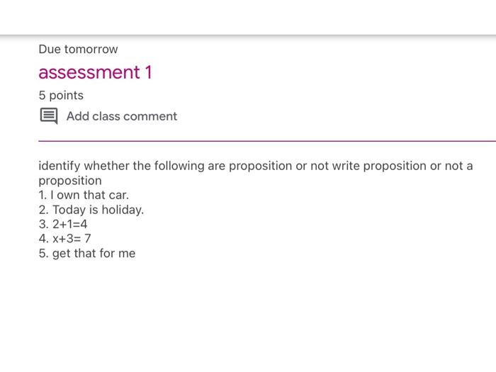 Solved Due tomorrow assessment 1 5 points Add class comment | Chegg.com