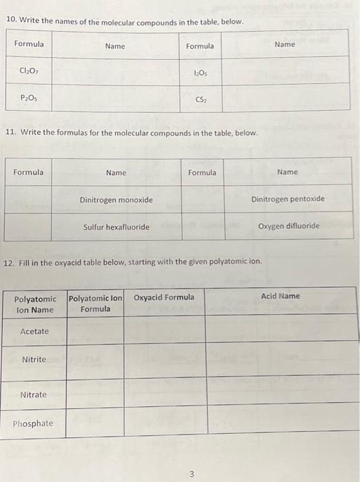 Solved 10. Write the names of the molecular compounds in the | Chegg.com