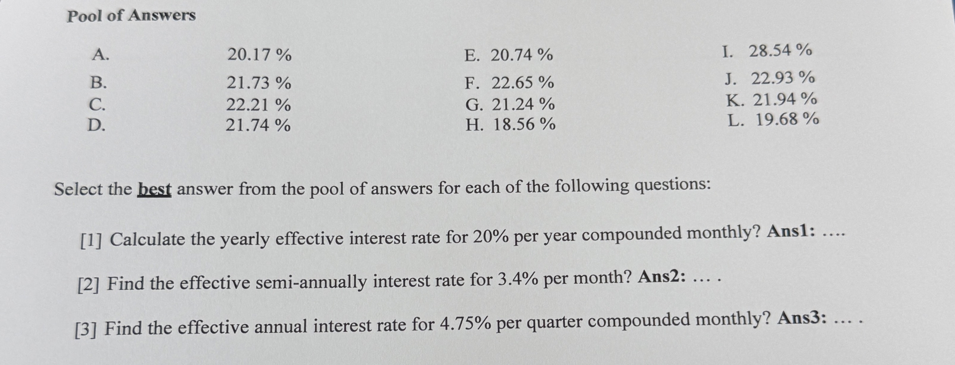 Solved Pool of AnswersA. ,20.17%E. 20.74%I. | Chegg.com