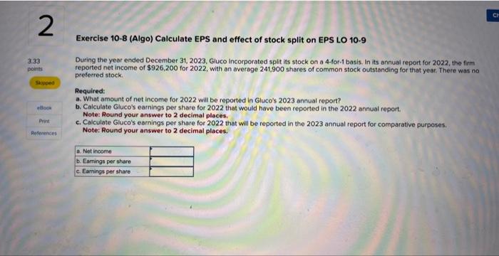 Solved Exercise 10-8 (Algo) Calculate EPS and effect of | Chegg.com