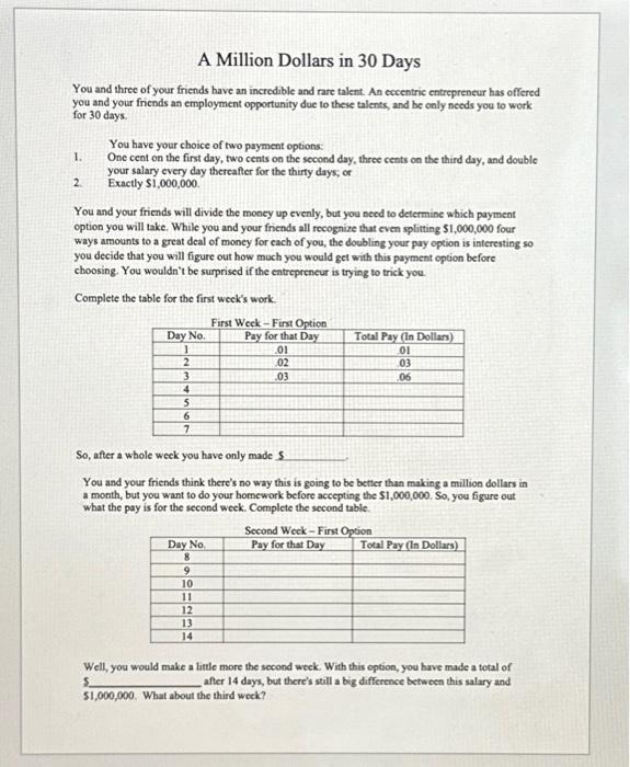 Solved A Million Dollars in 30 Days You and three of your | Chegg.com