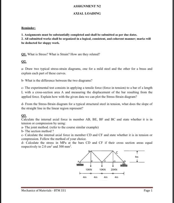 Solved AXIAL LOADING Reminder: 1. Assignments must be | Chegg.com