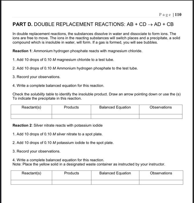 Solved PART D. DOUBLE REPLACEMENT REACTIONS: AB+CD→AD+CB In | Chegg.com