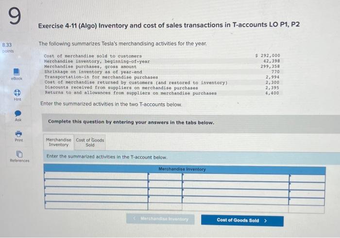 Solved Exercise 4-11 (Algo) Inventory and cost of sales | Chegg.com