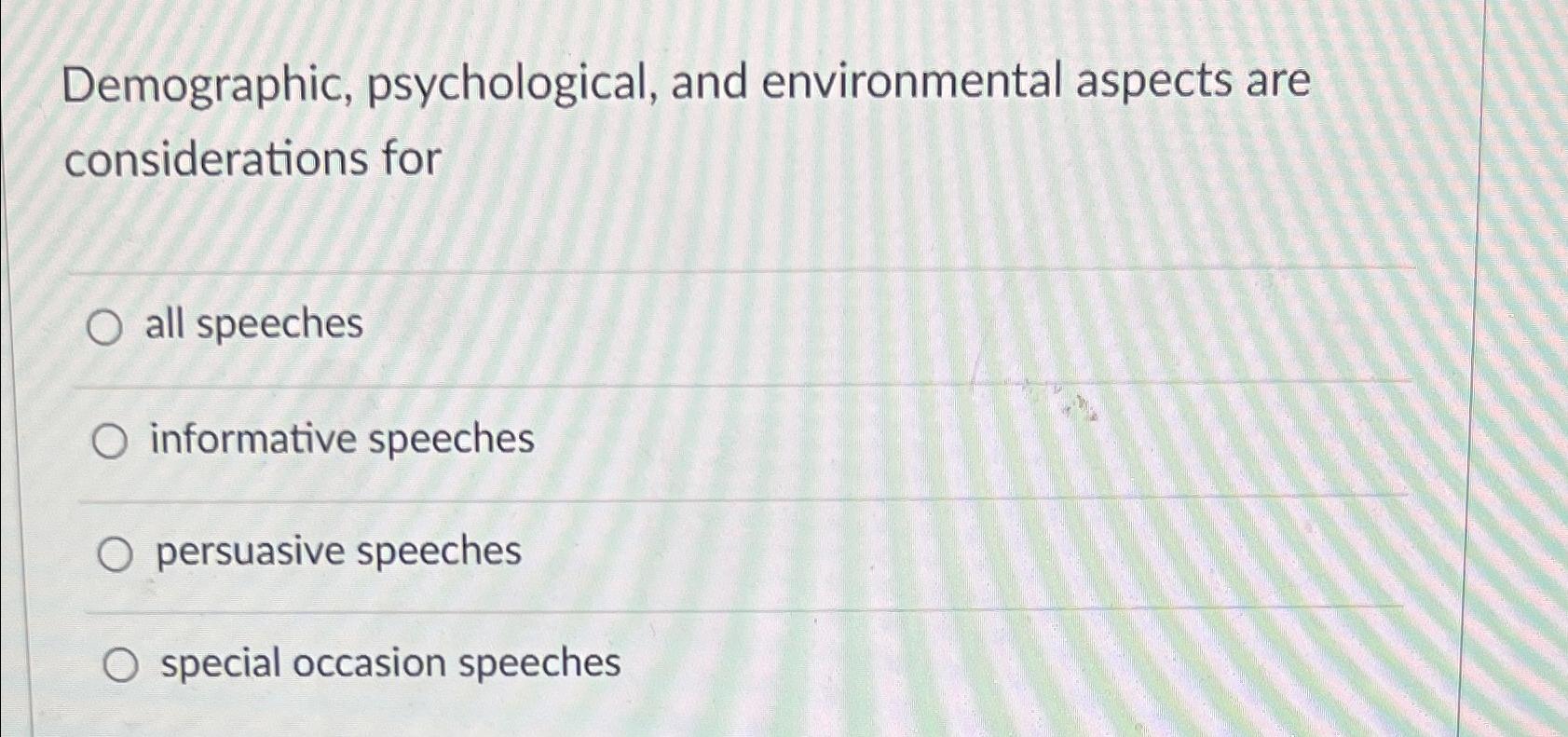 Solved Demographic, psychological, and environmental aspects | Chegg.com