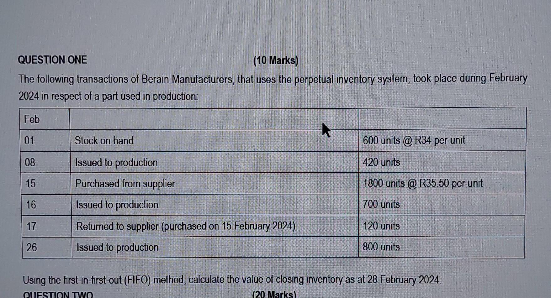 Solved QUESTION ONE (10 Marks) The following transactions of | Chegg.com