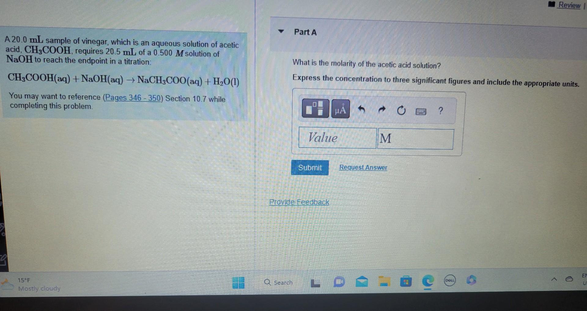 Solved A 20.0 mL sample of vinegar, which is an aqueous | Chegg.com