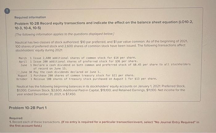 Solved Required information Problem 10-2B Record equity | Chegg.com