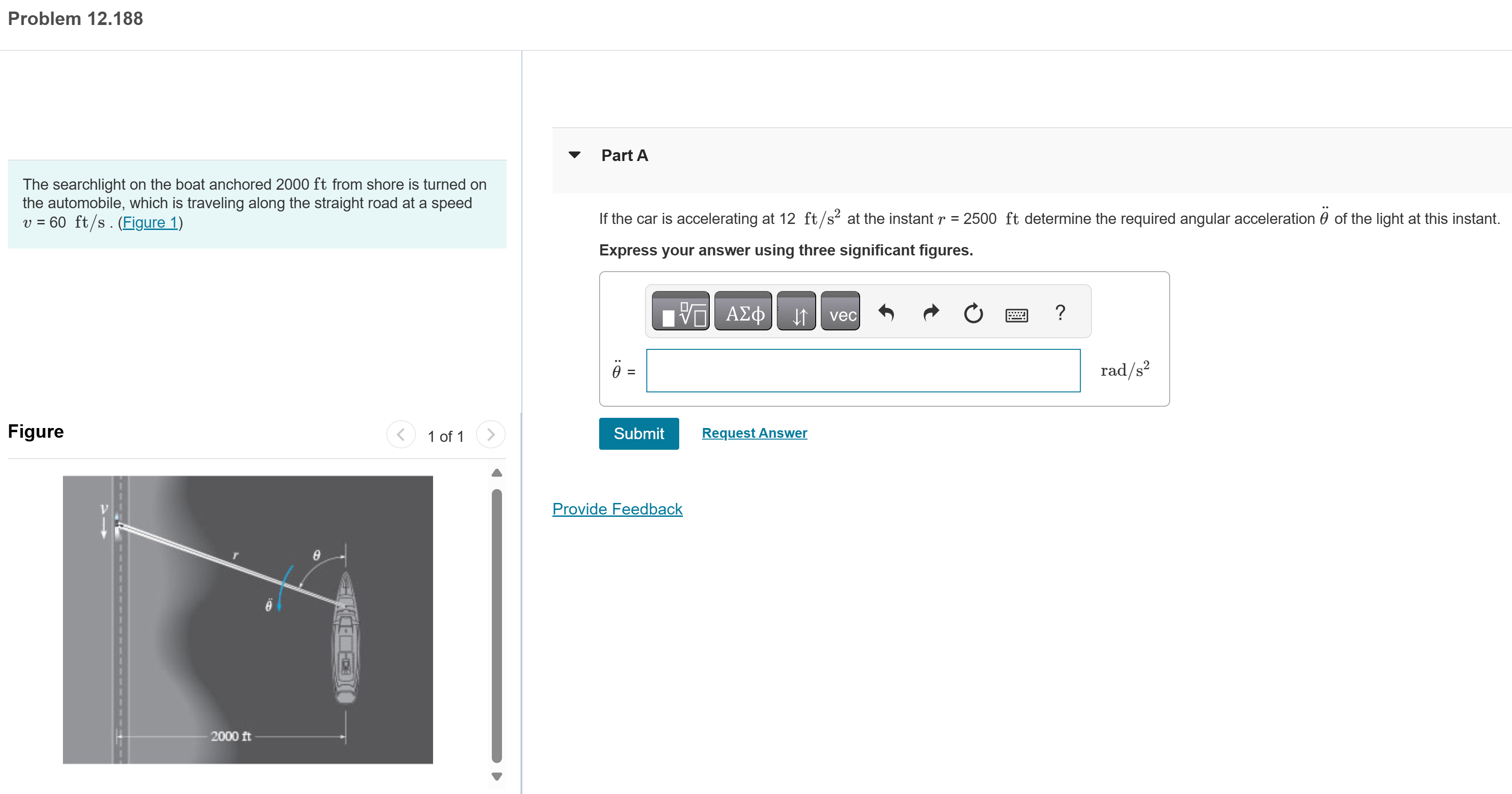 Solved The searchlight on the boat anchored 2000 ﻿ftft from | Chegg.com