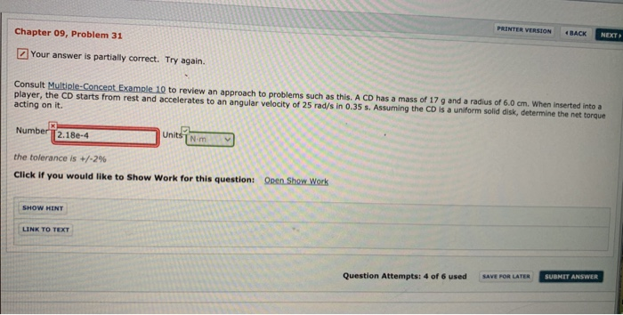 Solved PRINTER VERSION 4 BACK NEXT Chapter 09, Problem 31 | Chegg.com