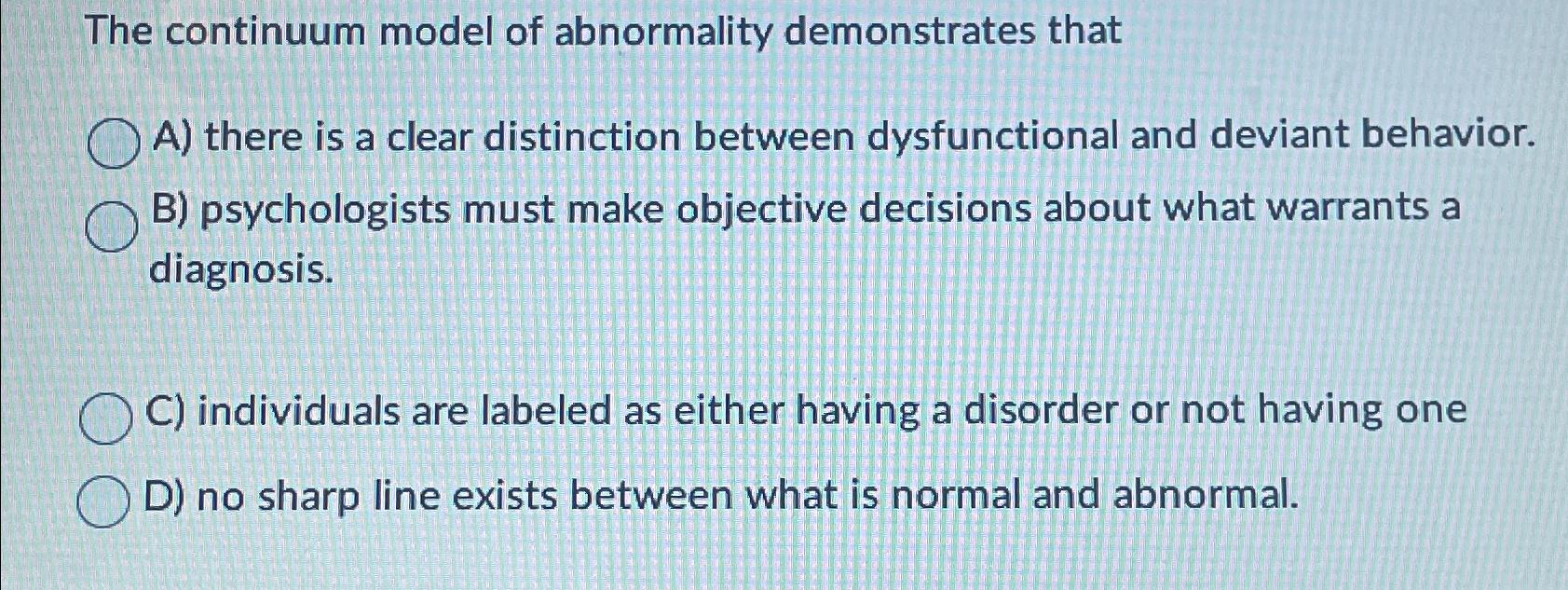 Solved The continuum model of abnormality demonstrates | Chegg.com