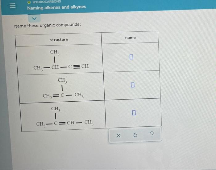 Solved O HYDROCARBONS Naming alkenes and alkynes Name these | Chegg.com