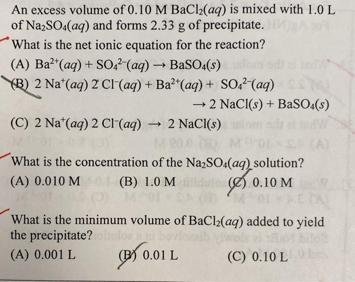 Solved An excess volume of 0.10 M BaCl2(aq) is mixed with | Chegg.com