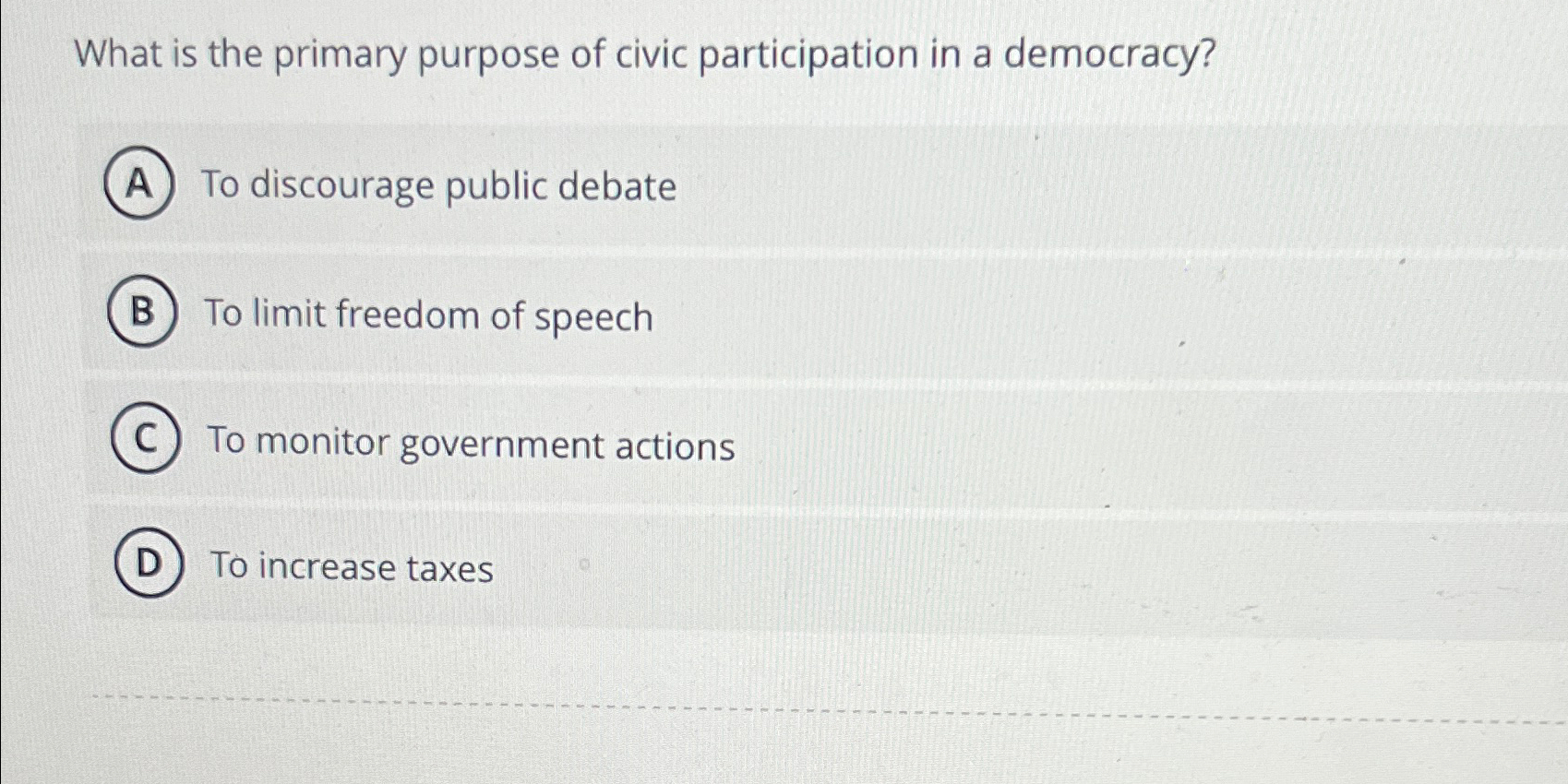 Solved What is the primary purpose of civic participation in | Chegg.com