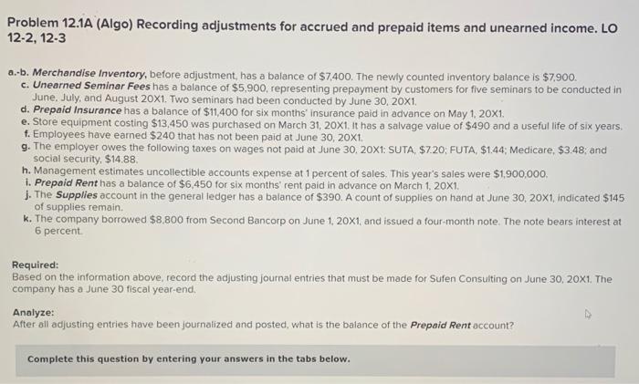 Solved Problem 12.1A (Algo) Recording adjustments for | Chegg.com