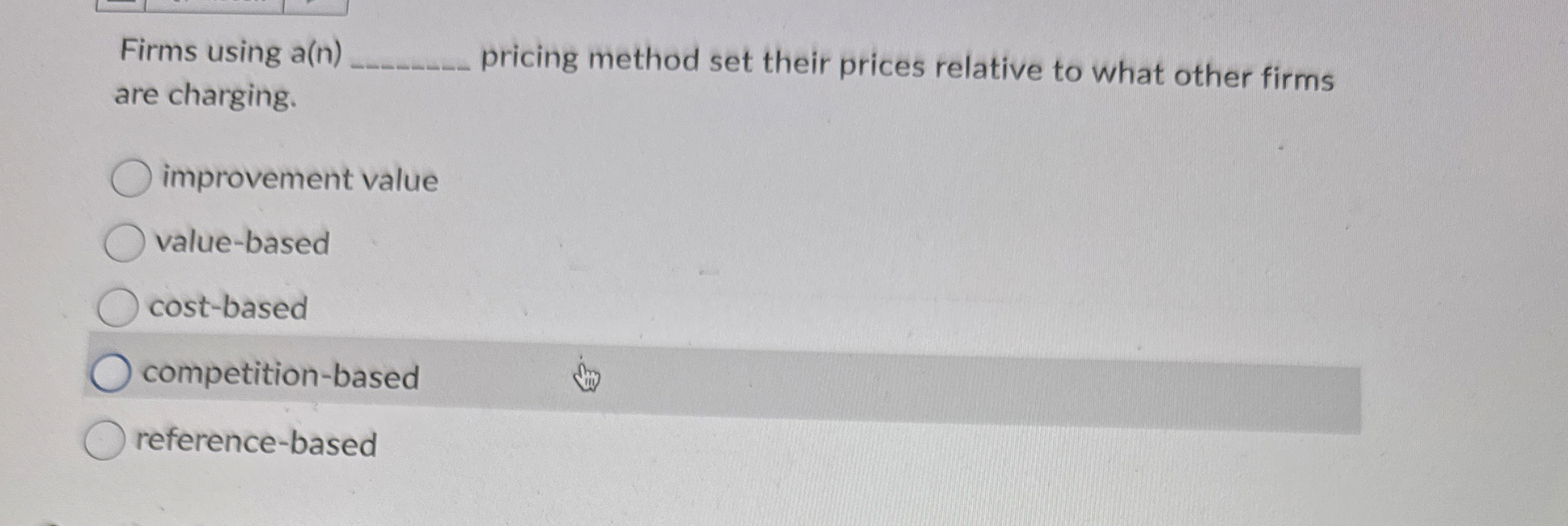 Solved Firms using a(n) ﻿are charging. ﻿pricing method set | Chegg.com