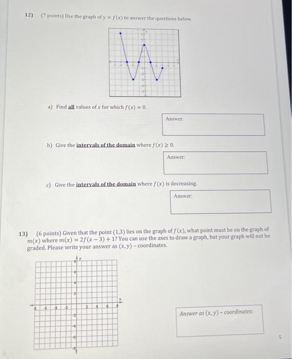 Solved 12) (7 points) Use the graph of y = f(x) to answer | Chegg.com