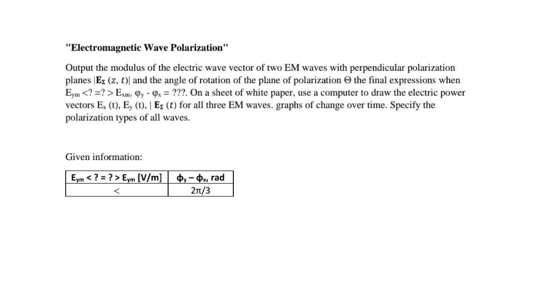 Solved "Electromagnetic Wave Polarization" Output the | Chegg.com