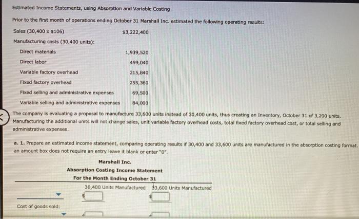 Solved Estimated Income Statements, using Absorption and | Chegg.com