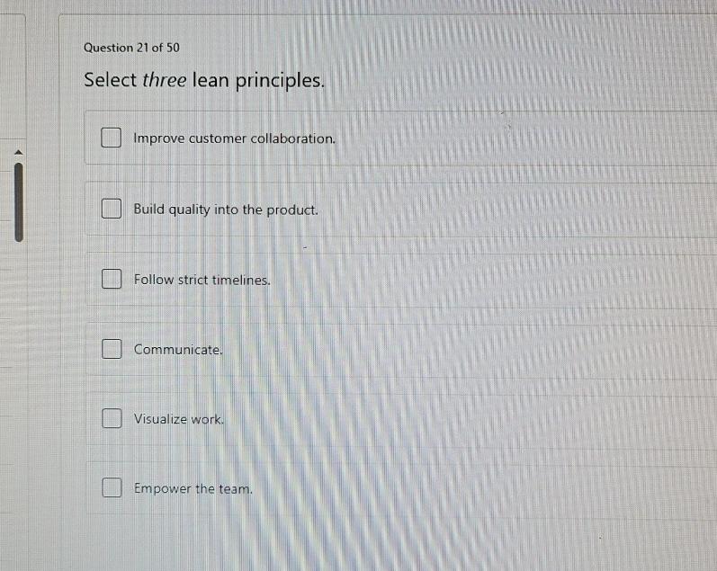 Solved Question 21 ﻿of 50Select three lean | Chegg.com