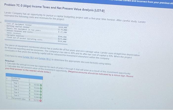 Solved and incorrect from your previous an Problem 7C-3 | Chegg.com