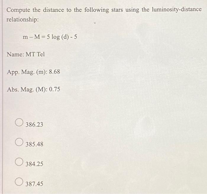 Solved Compute the distance to the following stars using the | Chegg.com