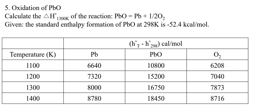 Solved Oxidation of PbOCalculate the ????H1300K° ﻿of the | Chegg.com