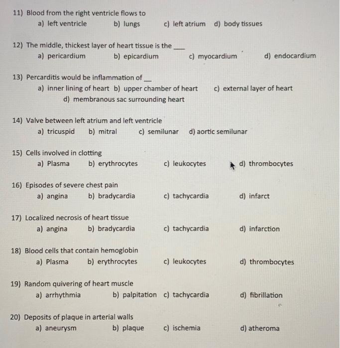 Solved 11) Blood from the right ventricle flows to a) left | Chegg.com