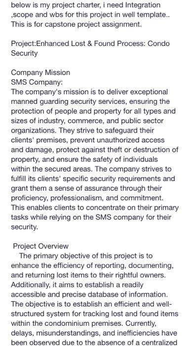 Solved below is my project charter.. i need integration | Chegg.com