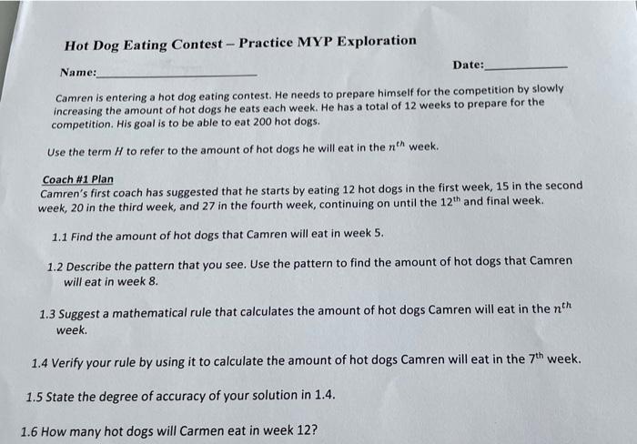 Solved Hot Dog Eating Contest - Practice MYP Exploration | Chegg.com