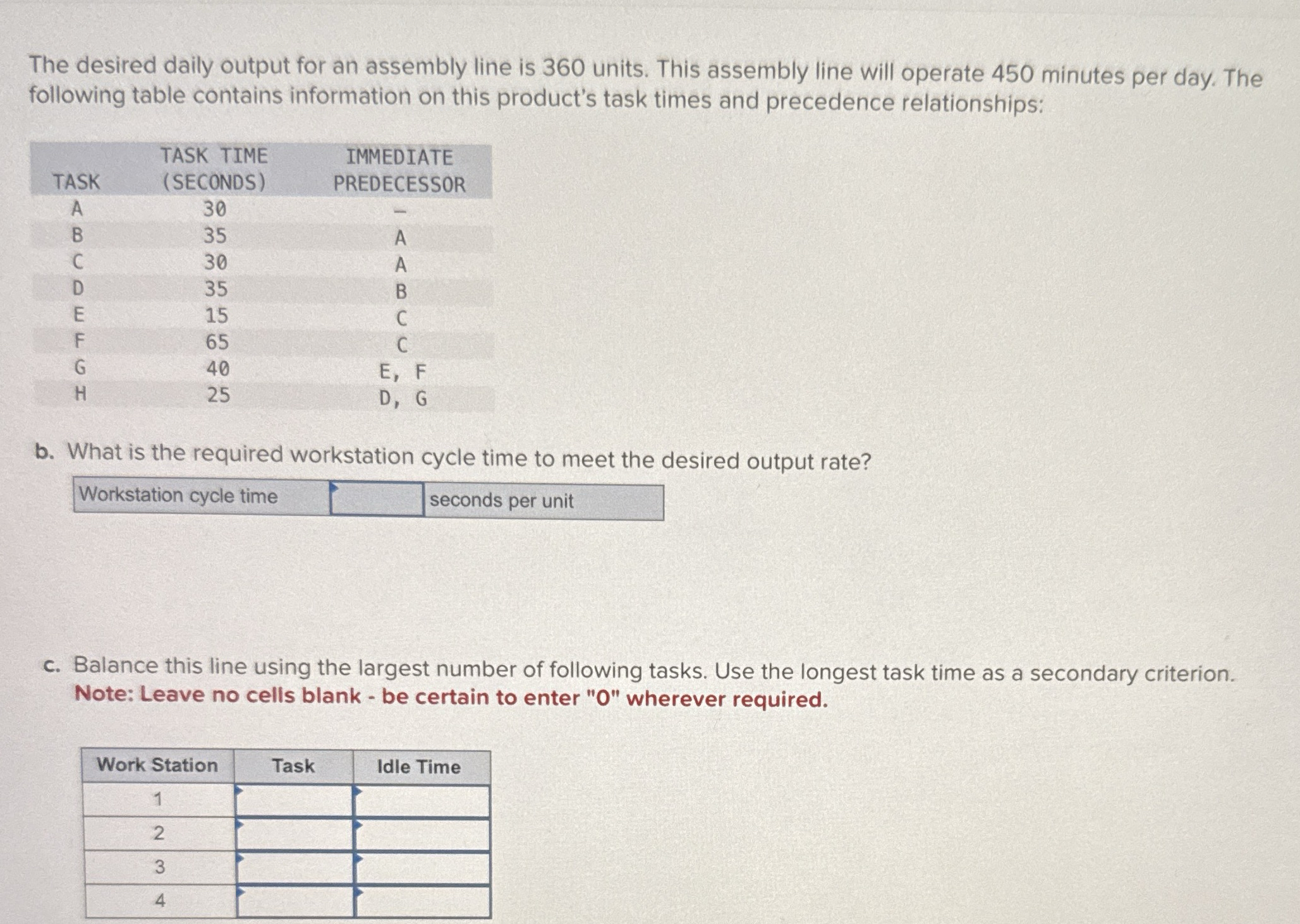 Solved The desired daily output for an assembly line is 360 | Chegg.com