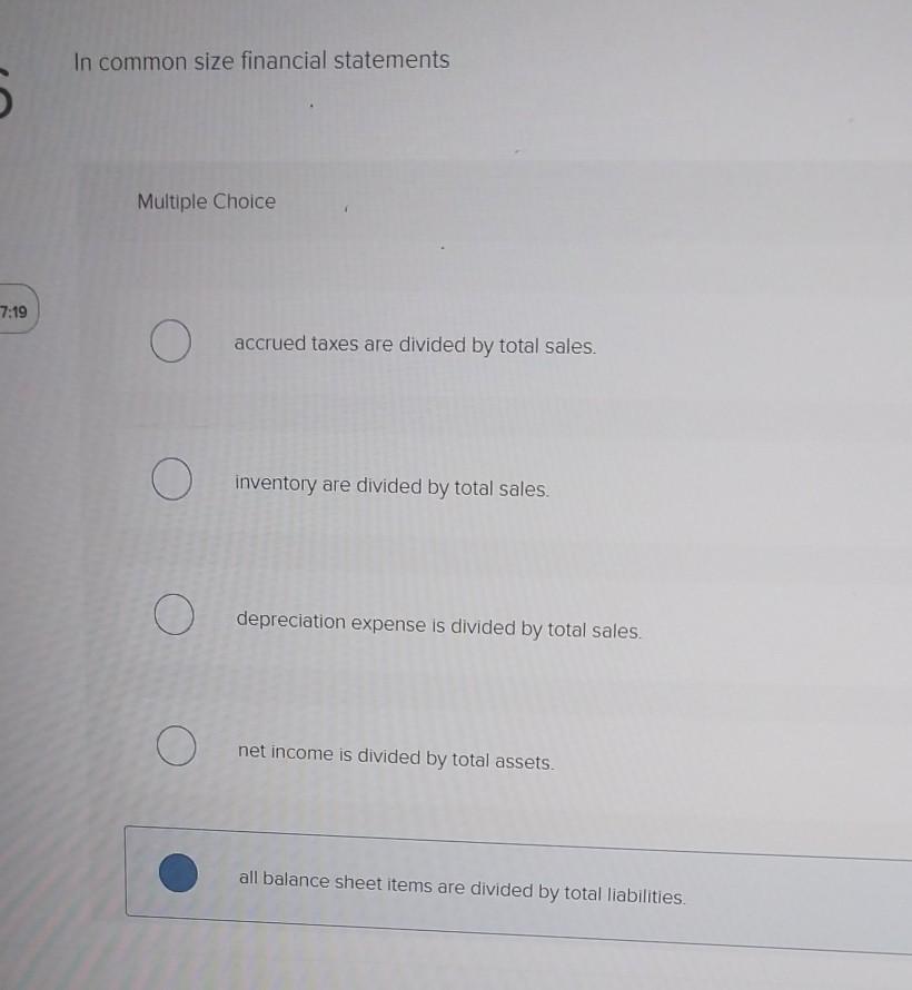 Solved In common size financial statements Multiple Choice | Chegg.com