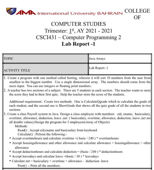 Solved AMA International University BAHRAIN COLLEGE OF | Chegg.com