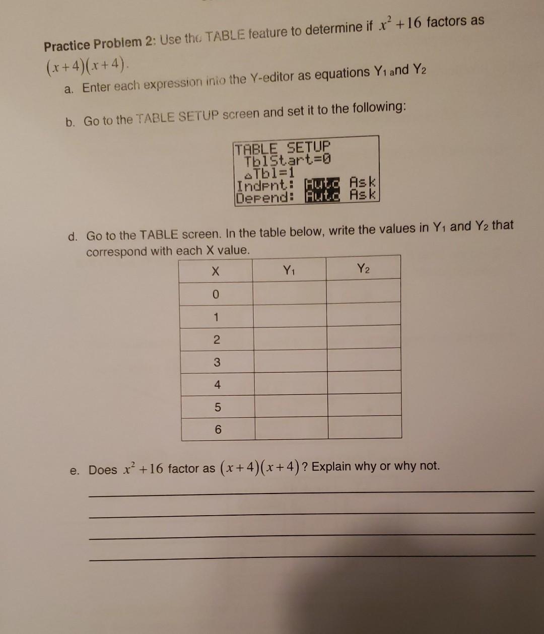 Solved Practice Problem 2: Use the TABLE feature to | Chegg.com