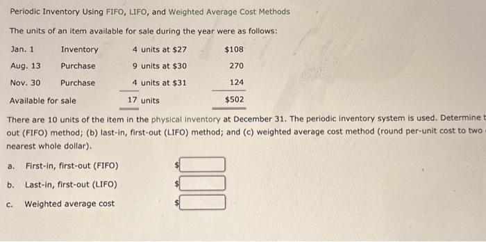 Solved Periodic Inventory Using FIFO, LIFO, and Weighted | Chegg.com