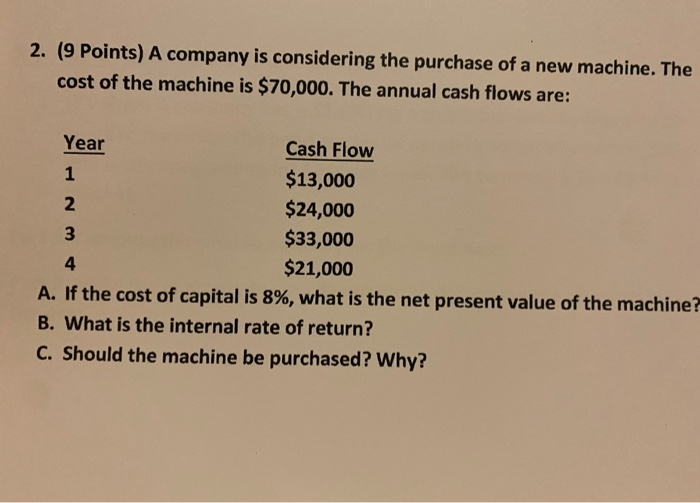 Solved 2. (9 Points) A company is considering the purchase | Chegg.com