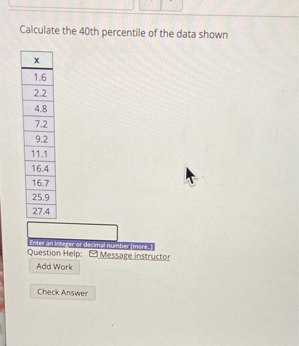 Solved Calculate the 40th percentile of the data shown х 1.6 | Chegg.com